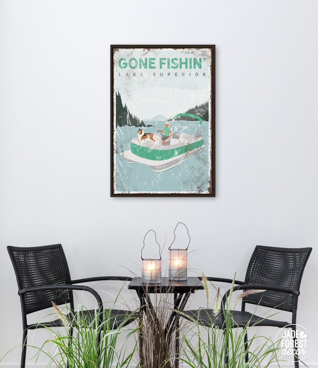 Mint Green GONE FISHIN' Canvas personalized PONTOON Boat Art for Lake ...