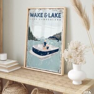 Personalized COUPLE Pontoon Boat Poster, Retro Wake and Lake Sign, Lake ...