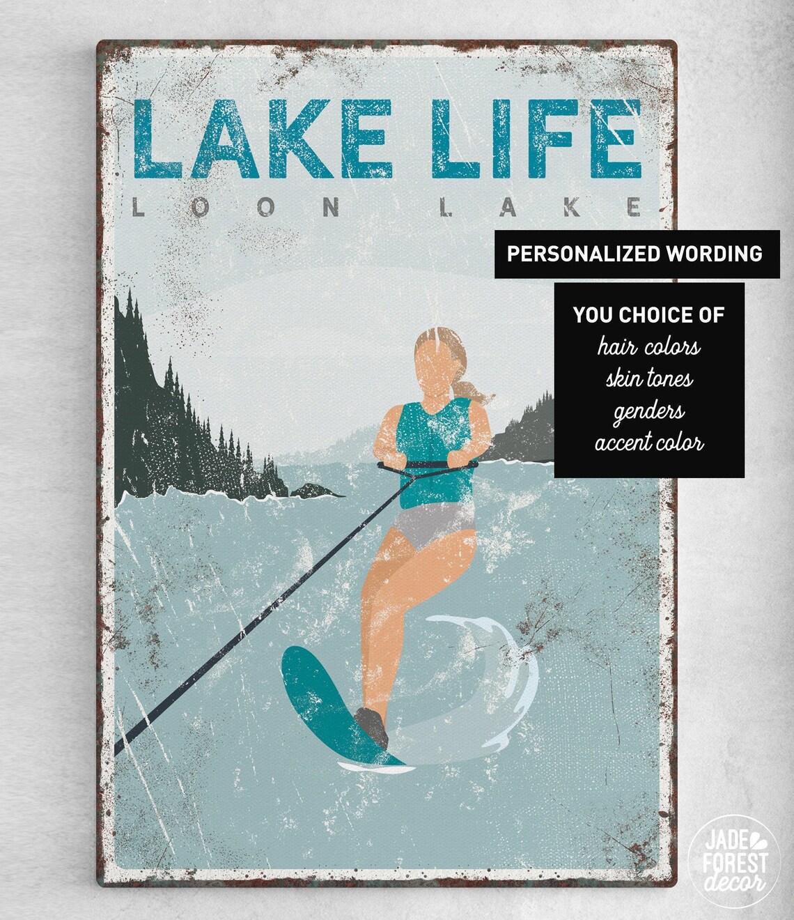 Vintage WAKE & LAKE Sign > Personalized Water Skiing Poster for Lake ...