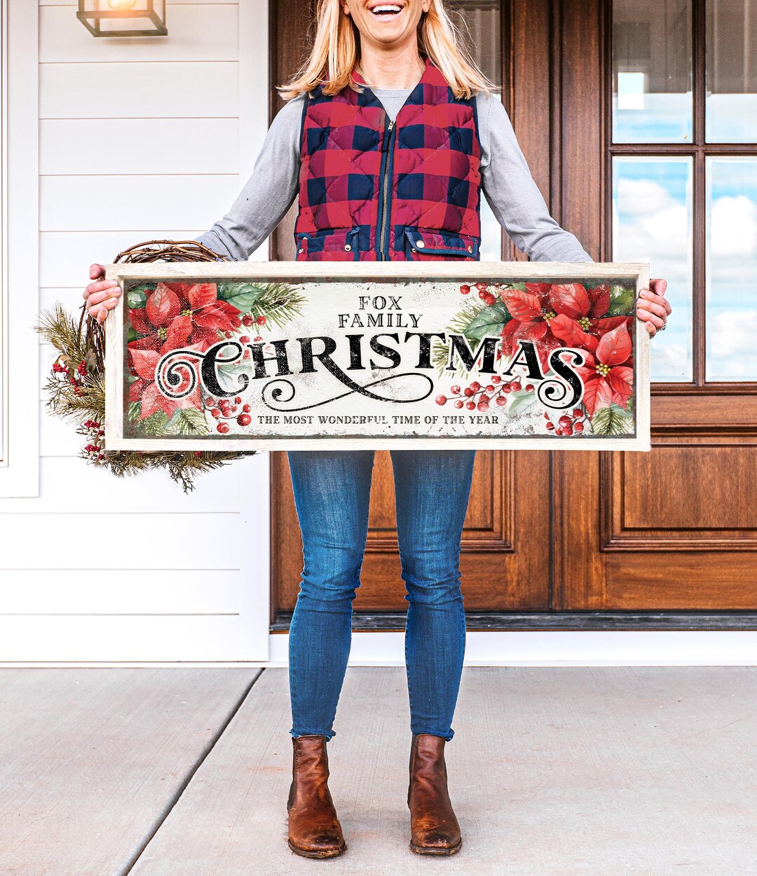 Personalized Family Christmas Sign, White With Poinsettia Christmas ...