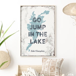 Rustic LAKE CHAMPLAIN Sign go Jump in the Lake Poster, Slate Blue Gray ...