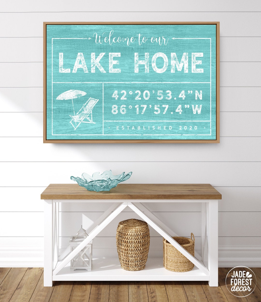 Aqua Blue LAKEHOUSE Welcome Sign > Personalized Coordinates Canvas ...