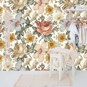 Vintage Floral Field Wall Mural Flowers in Earthy Colors | Etsy