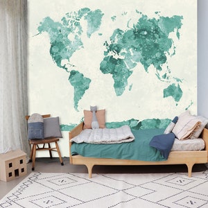 Watercolor World Map in Green Wall Mural, Watercolor World Map in Sades ...