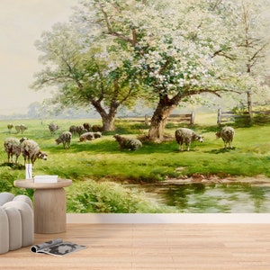 Pastoral Landscape Wall Mural, Vintage Rural Scene Wall Mural, Vintage ...