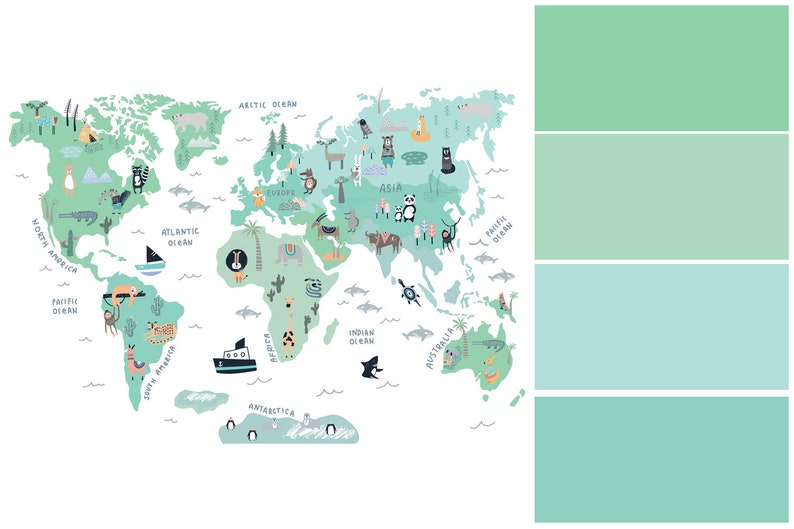 World Map Wall Mural in Mint Colors Children Map With - Etsy