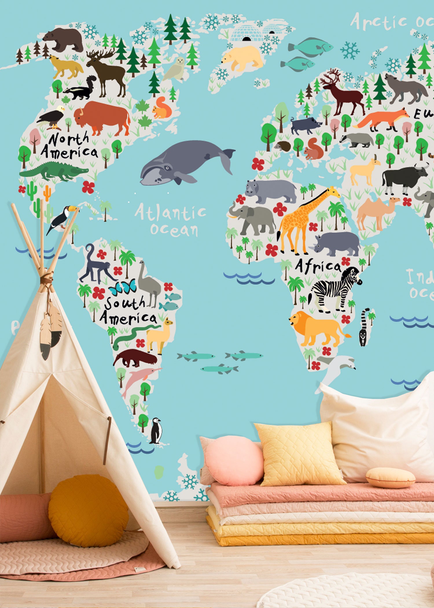 Colorful Children World Map Wall Mural, Children Map With Animals ...