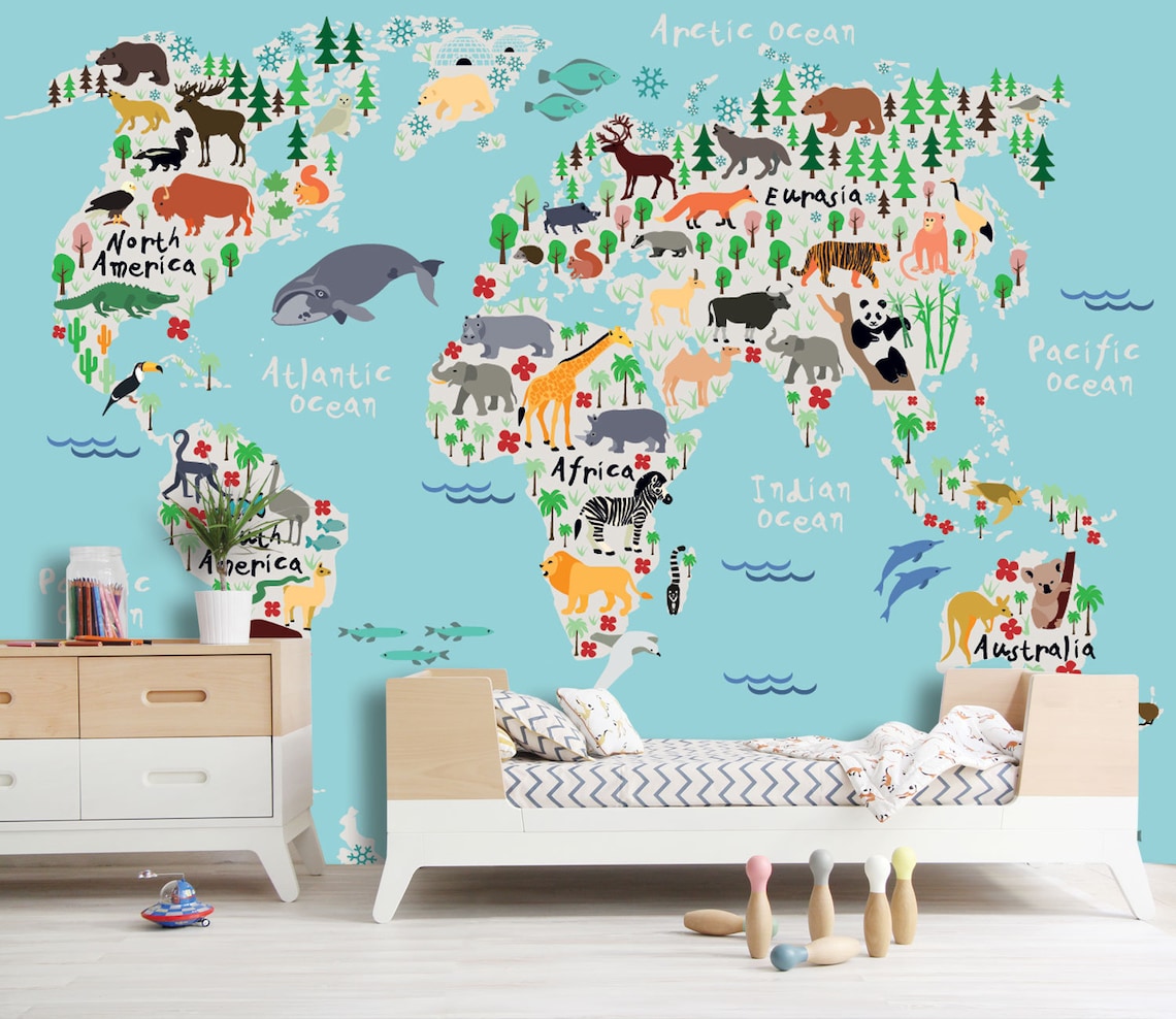 Colorful Children World Map Wall mural Children Map with | Etsy