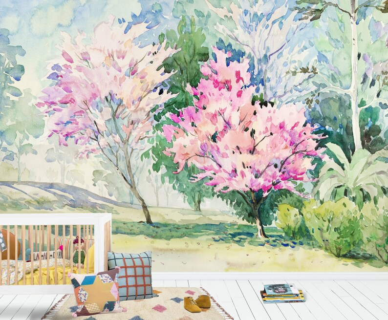 Watercolor Spring Forest With Blossom Trees Wall Mural, Enchanted ...