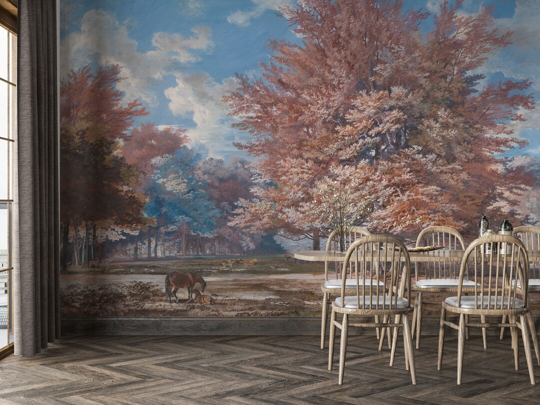 Antique Forest Scene Wall Mural, Vintage Wallpaper, Hand-painted ...