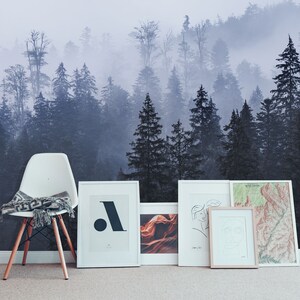 Misty Mountain Forest in Blue and Navy Nuances Wall Mural, Mountain ...