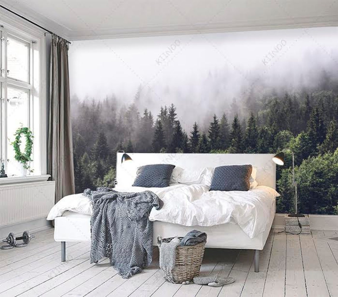 Misty Forest Scene Mural Mountain Forests Mural Forest Haze - Etsy