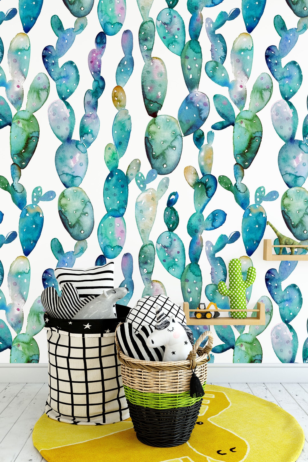 Cactus Wall Mural, Watercolor Cacti Wallpaper, Boho Style Wallpaper ...