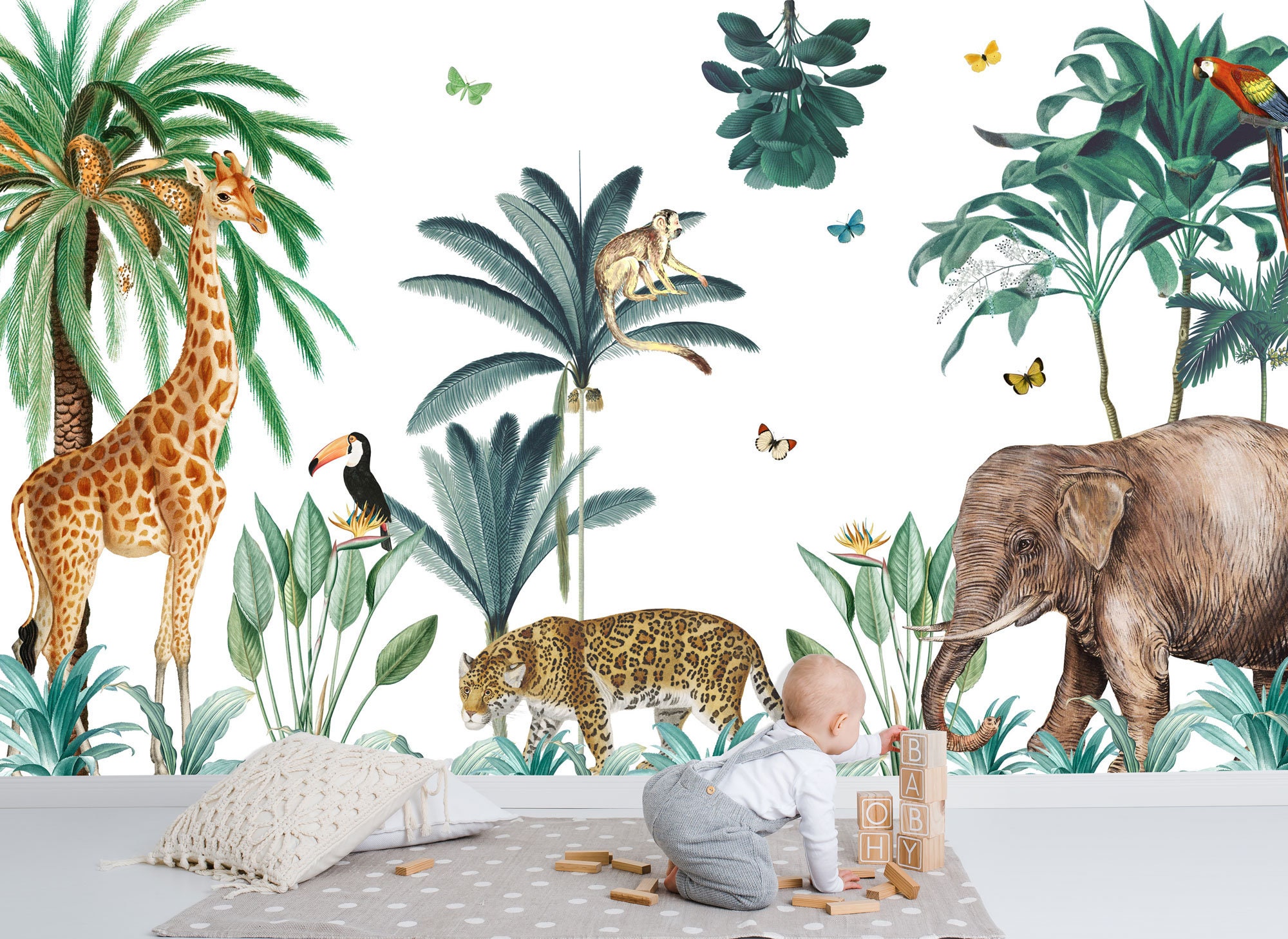 Tropical Jungle Wallpaper, Jungle Wall Mural, Safari Animals Wall Décor ...