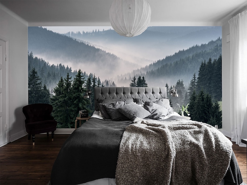 Forest Mountain Wall Mural, Mountain View Mural, Misty Forest Wallpaper ...