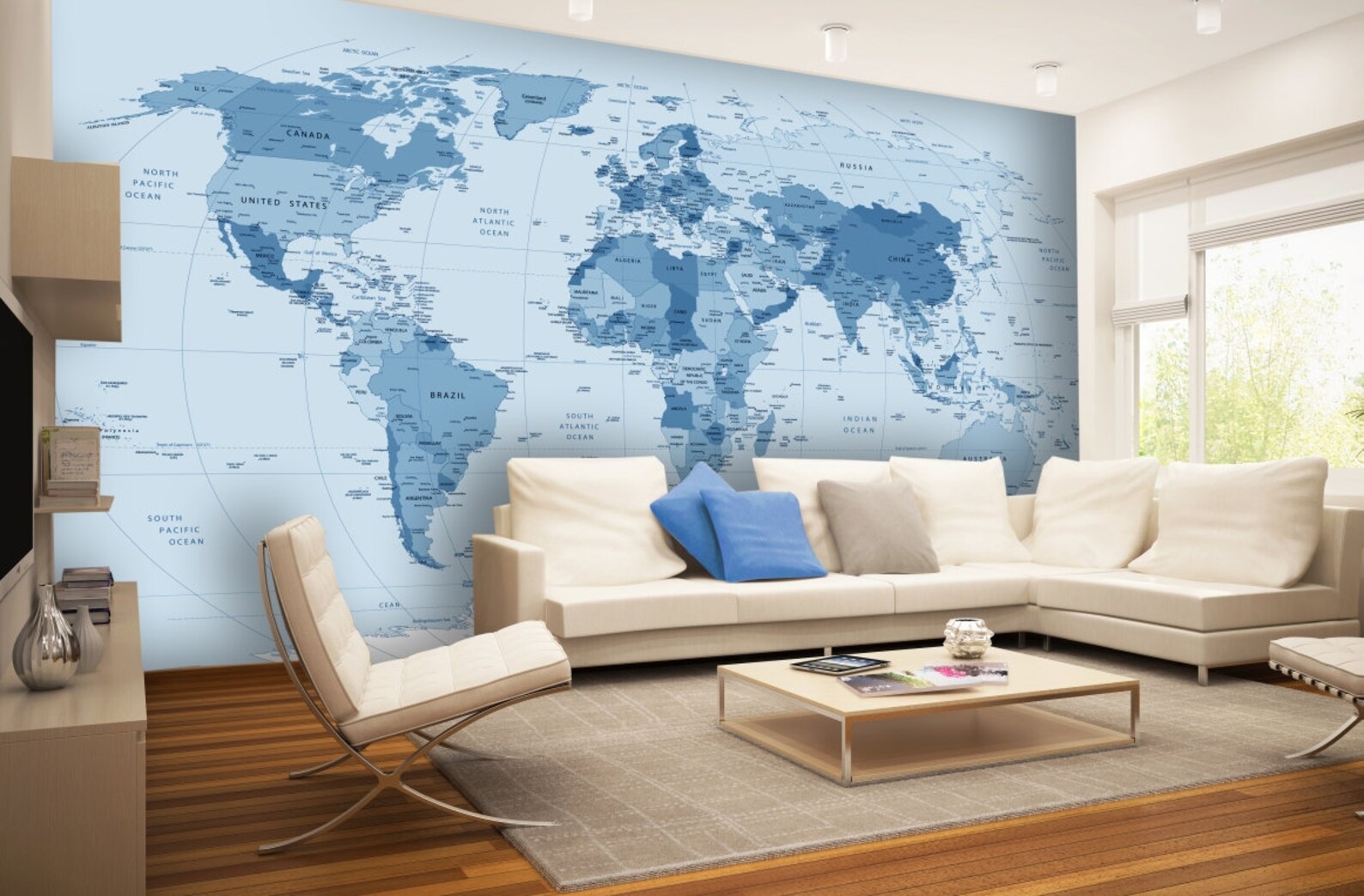 World Map in Shades of Blue Detailed World Map Wall Mural | Etsy