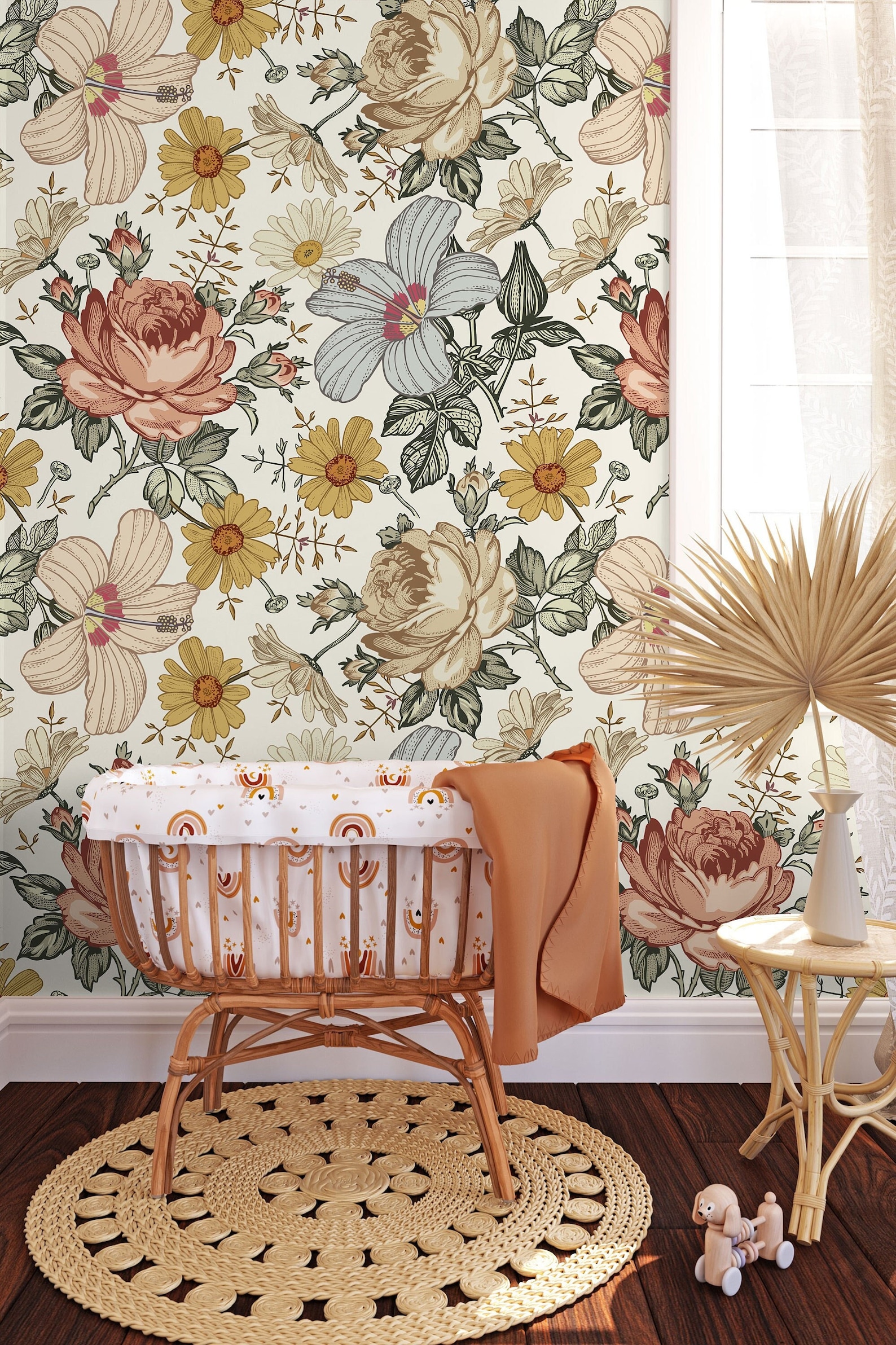 Vintage Floral Field Wall Mural, Flowers in Earthy Colors Wallpaper ...