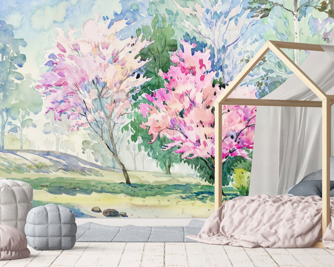Watercolor Spring Forest With Blossom Trees Wall Mural, Enchanted ...