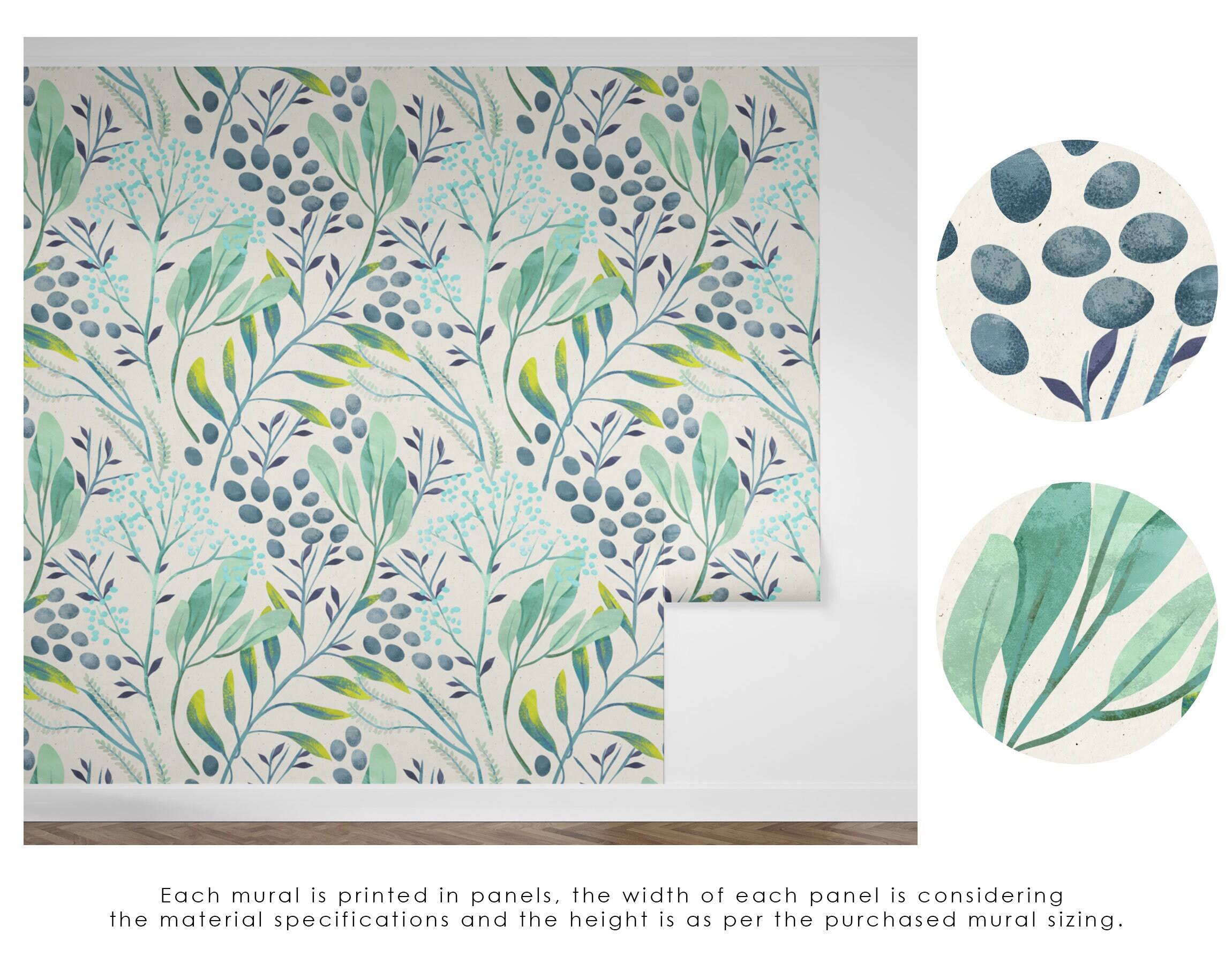 Magic Greenery Wall Mural, Hand-painted Watercolor Flowers in Green ...