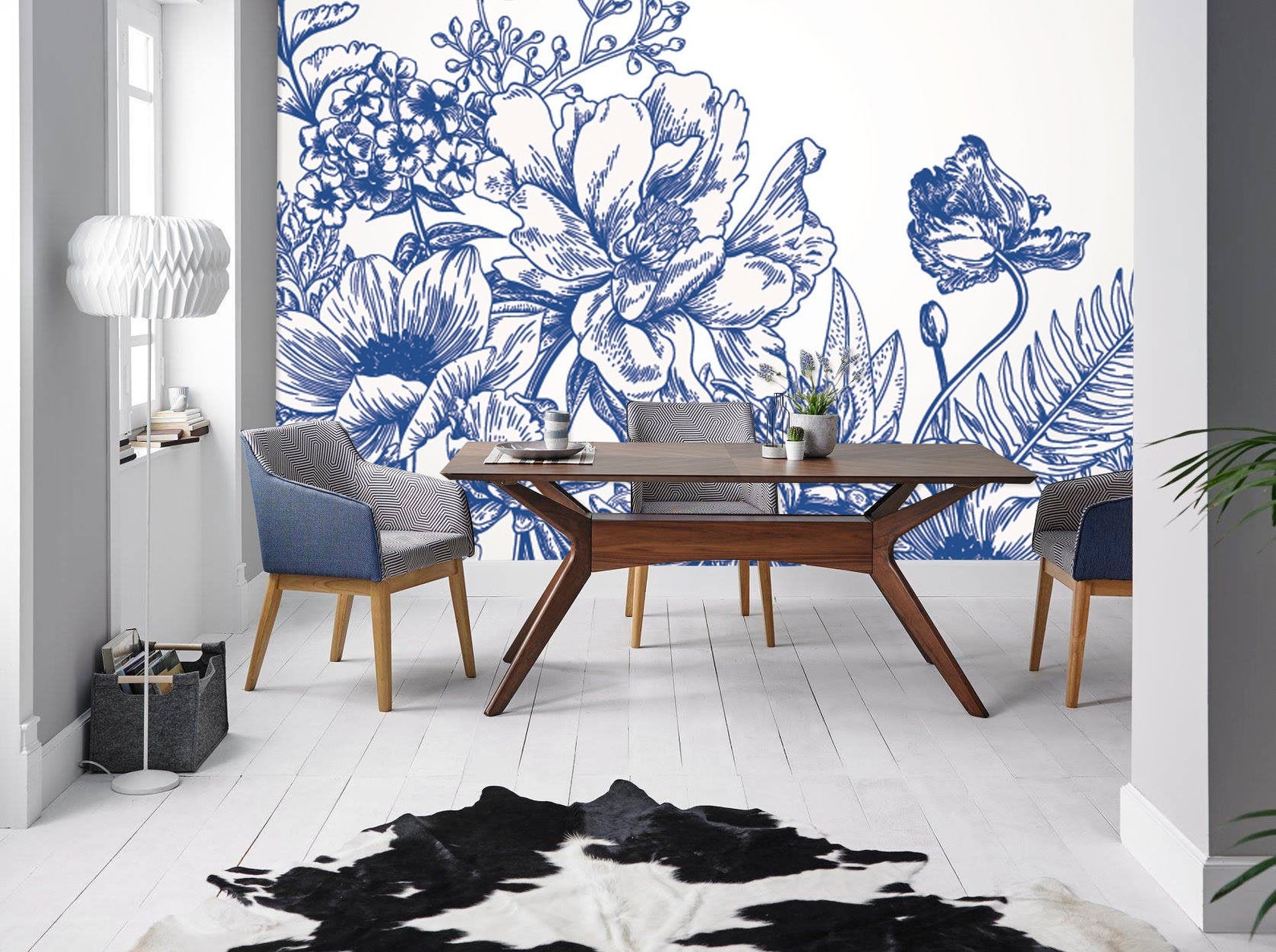 Blue Vintage Floral Wall Mural Peony Flowers in White and | Etsy