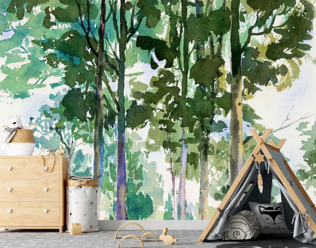 Watercolor Green Forest Wall Mural, Enchanted Forest Mural, Spring ...