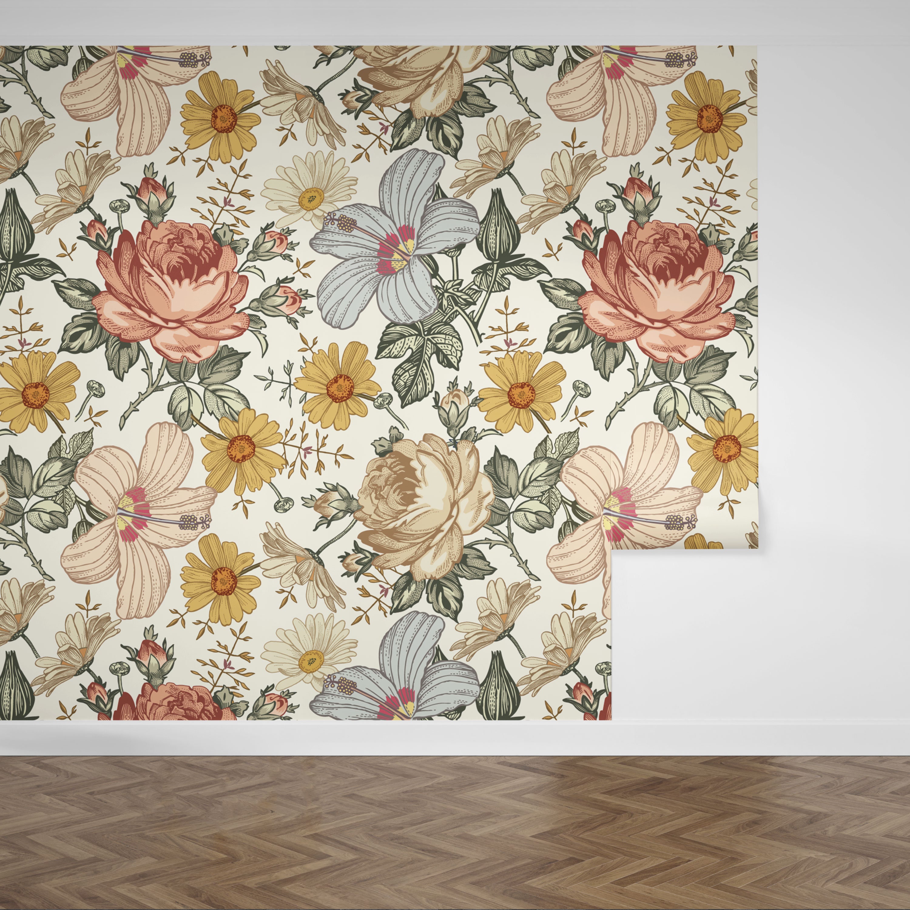 Vintage Floral Field Wall Mural Flowers in Earthy Colors | Etsy