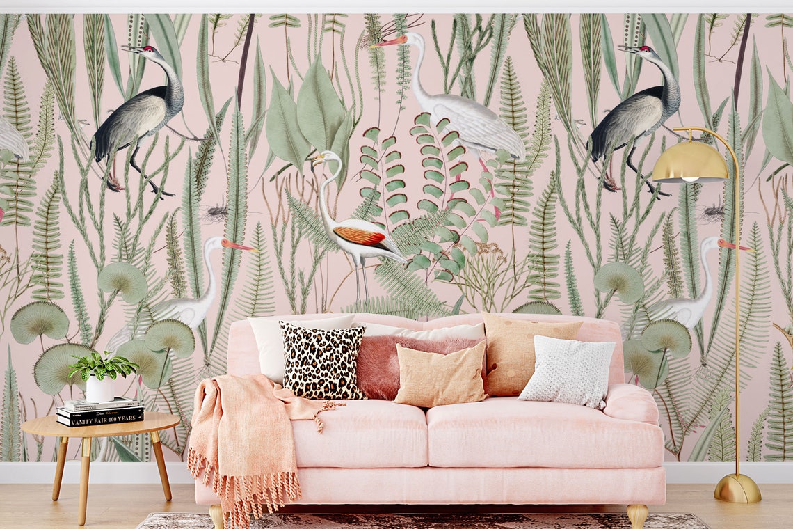 Equatorial Birds Wallpaper Heron Wall Mural Crane Wallpaper | Etsy