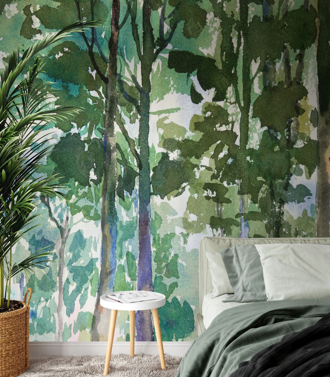 Watercolor Green Forest Wall Mural, Enchanted Forest Mural, Spring ...