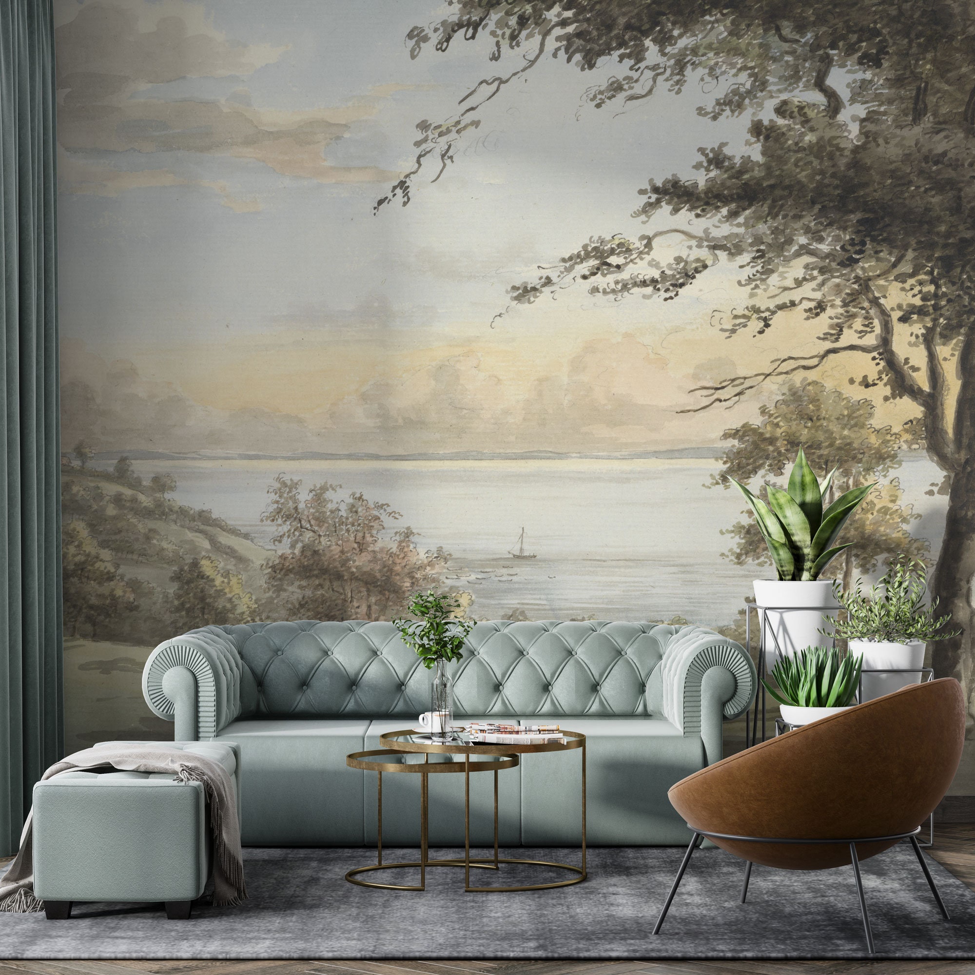 Harmony Landscape Wall Mural, Vintage Scenic Wallpaper, Hand-painted ...