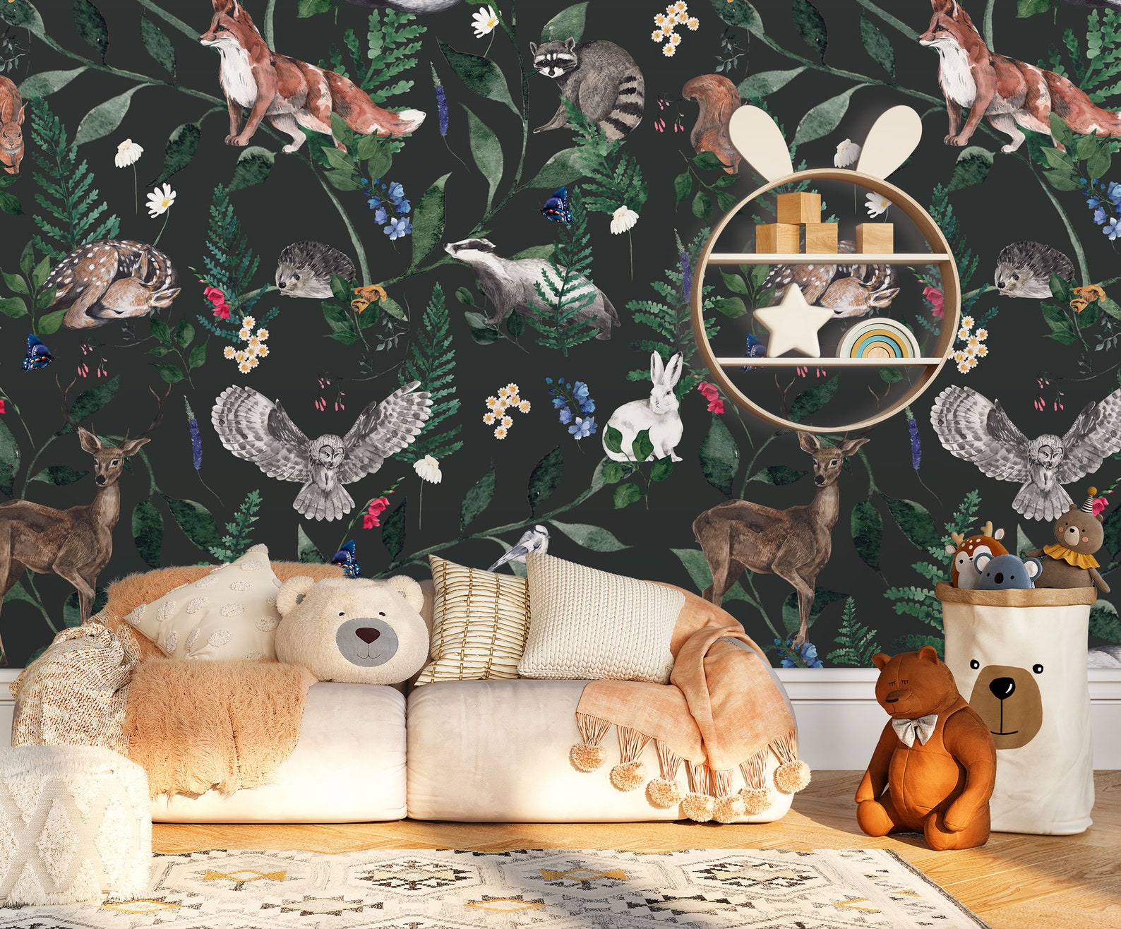 Woodland Story Wall Mural Forest Animals Wall Mural Dark - Etsy
