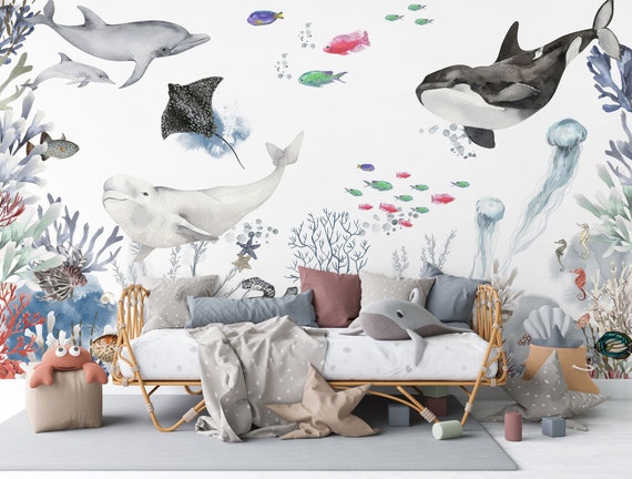 Watercolor Ocean Wallpaper Under the Sea Wall Mural Sea - Etsy