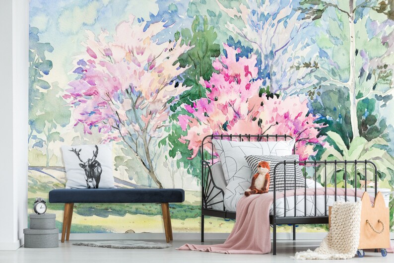 Watercolor Spring Forest With Blossom Trees Wall Mural, Enchanted ...