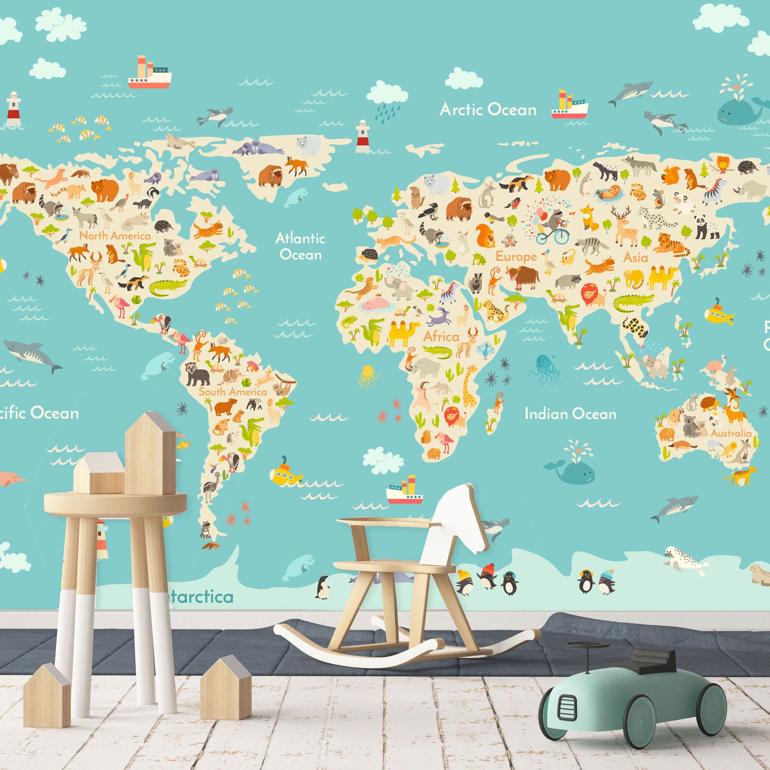 Children World Map Wall mural Children Map with Animals | Etsy