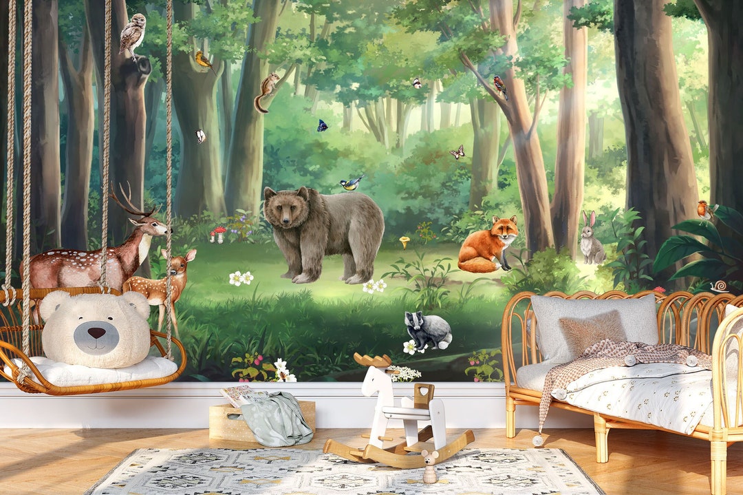 Sunny Forest Wall Mural, Forest Animals Wall Mural, Animals Wallpaper ...