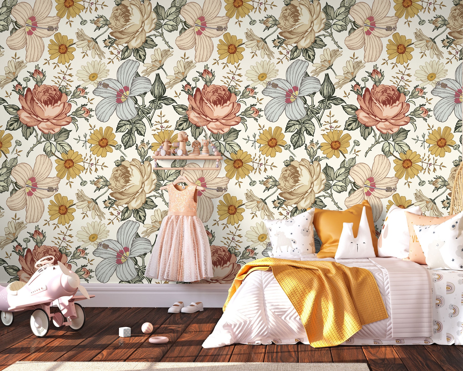 Vintage Floral Field Wall Mural Flowers in Earthy Colors - Etsy