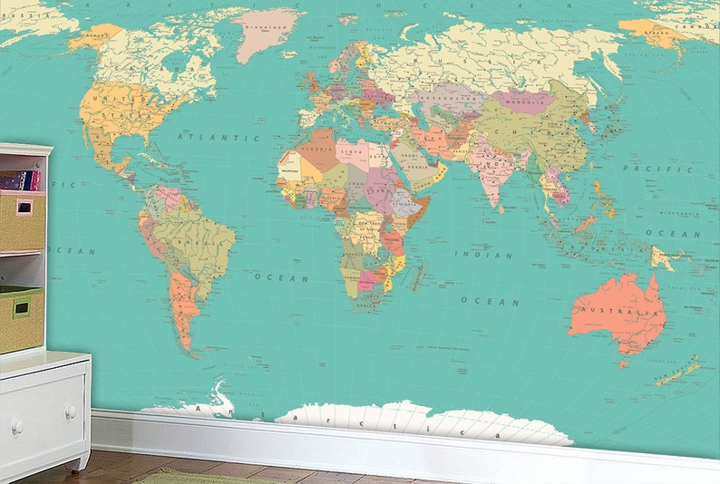 World Map Wall Mural in Pastel Bright Colors, Detailed Map Wallpaper ...