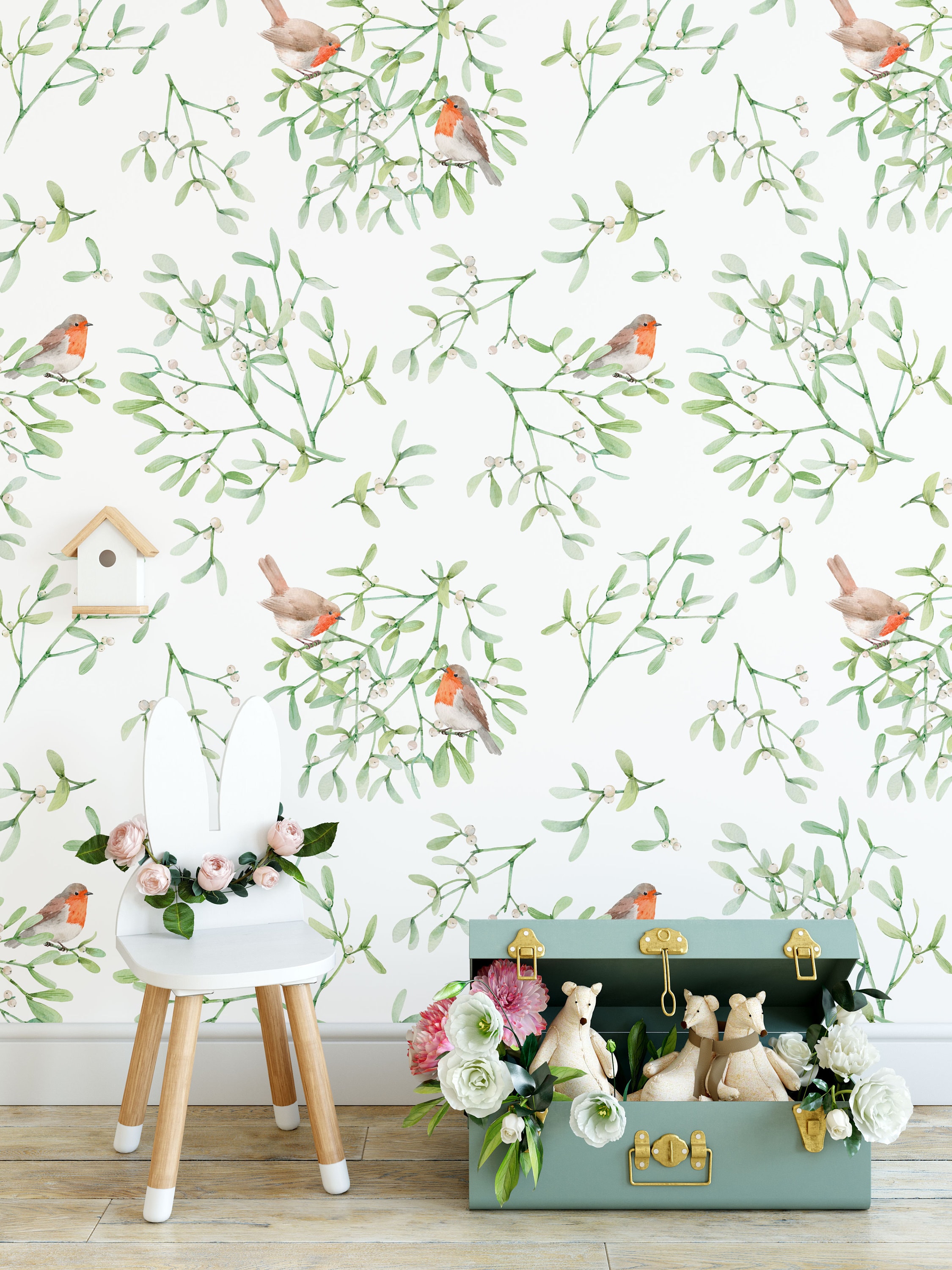 Birdy Wall Mural Robin Birds on Blossom Branches Wallpaper - Etsy