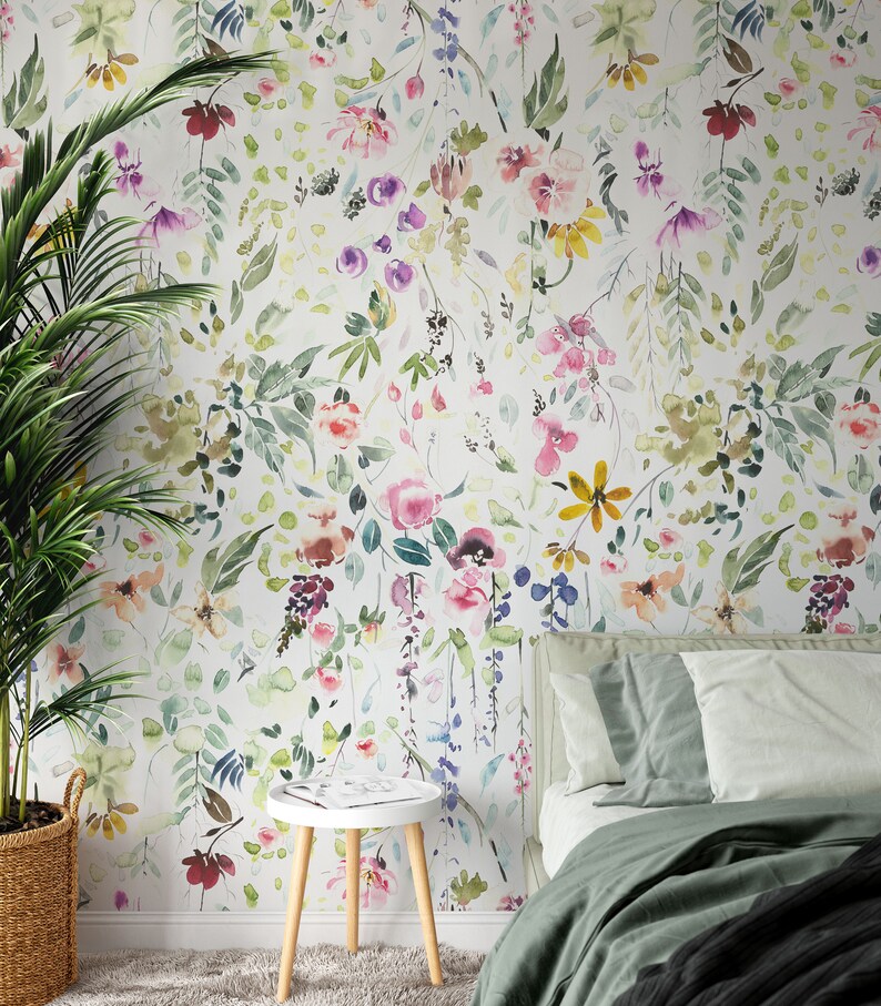 Wild Flowers Wall Mural Watercolor Floral Wallpaper Fragrant | Etsy