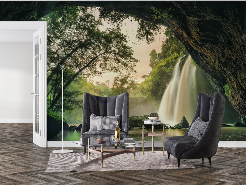 Relaxed Waterfall Scene Wall Mural Tropical Forest Wallpaper - Etsy