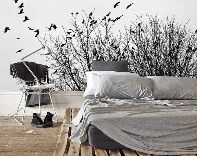 Birds on a Tree Wall Mural, Ravens Wall Mural, Monochrome Wallpaper ...