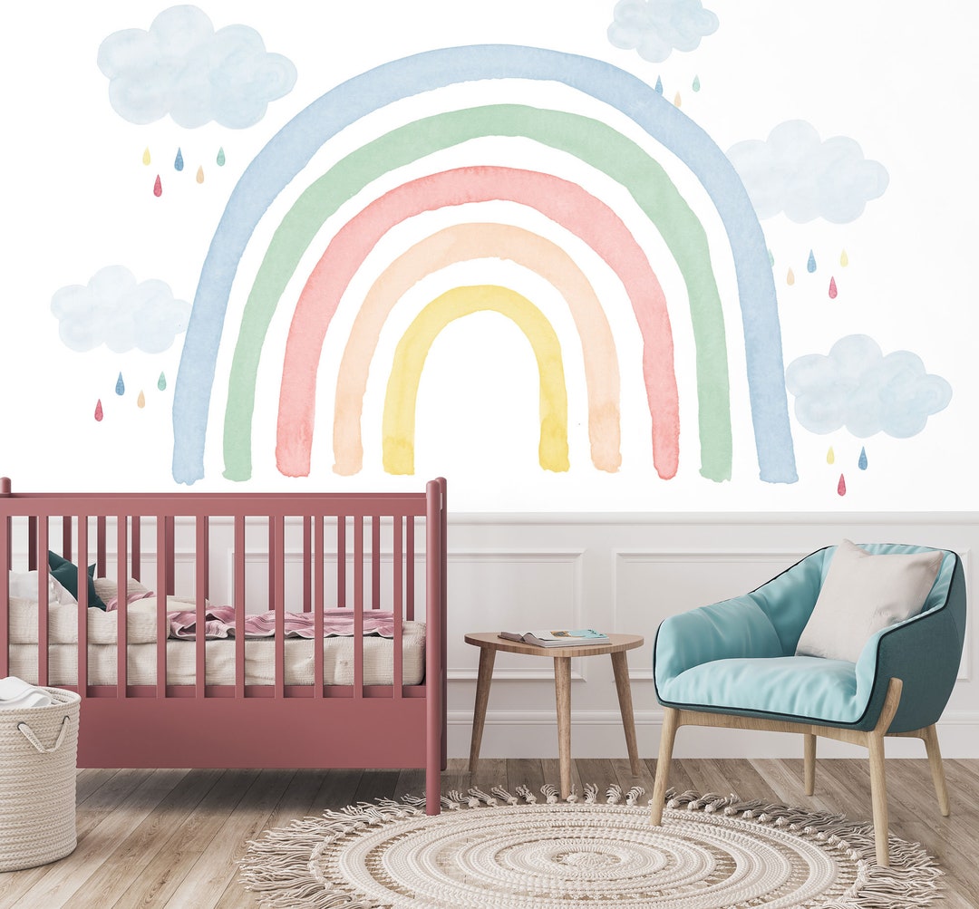 Watercolor Rainbow Wall Mural, Colorful Rainbow and Raindrops Wall ...