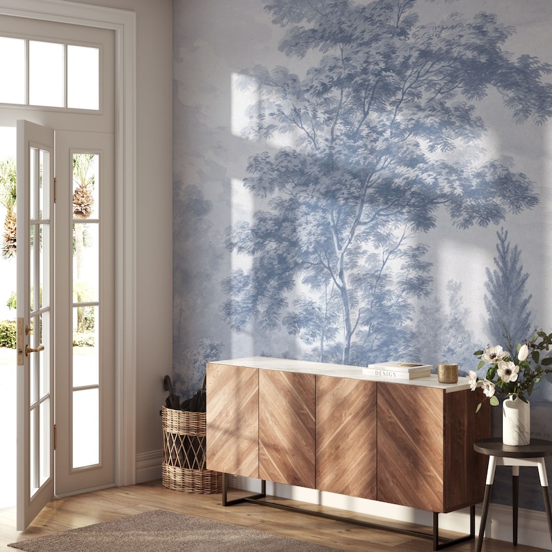 Vintage Forest Scene in Blue Shades Wall Mural Scenic Wall - Etsy