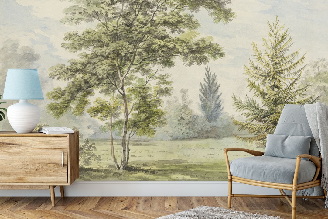 Vintage Forest Scene Wall Mural, Scenic Wall Mural, Vintage Landscape ...