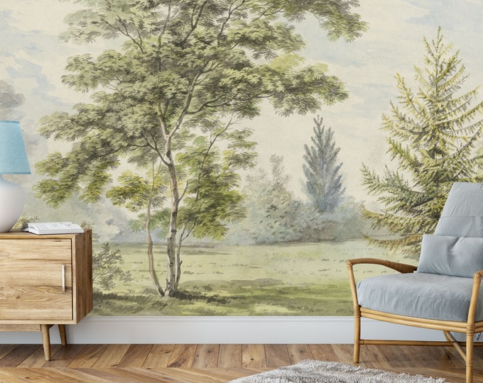 Vintage Forest Scene Wall Mural, Scenic Wall Mural, Vintage Landscape ...