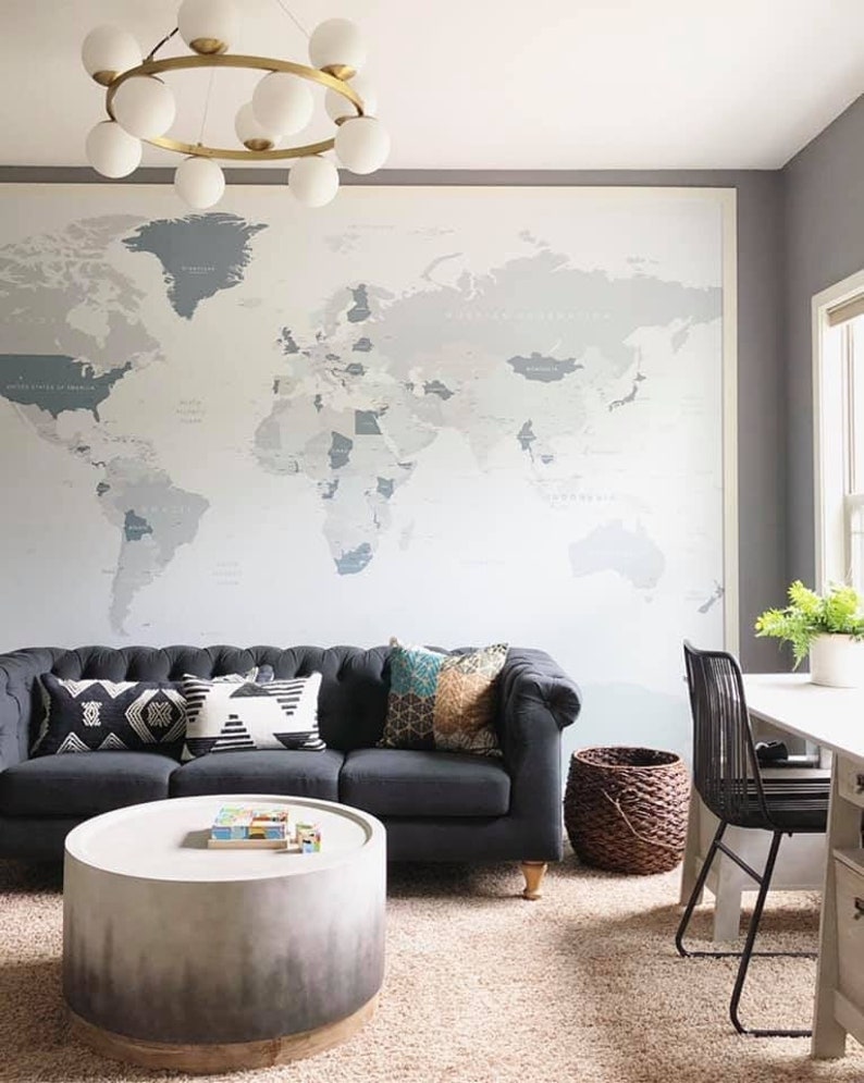 World Map Wall Mural in Neutral Colors, Detailed World Map Wallpaper in ...