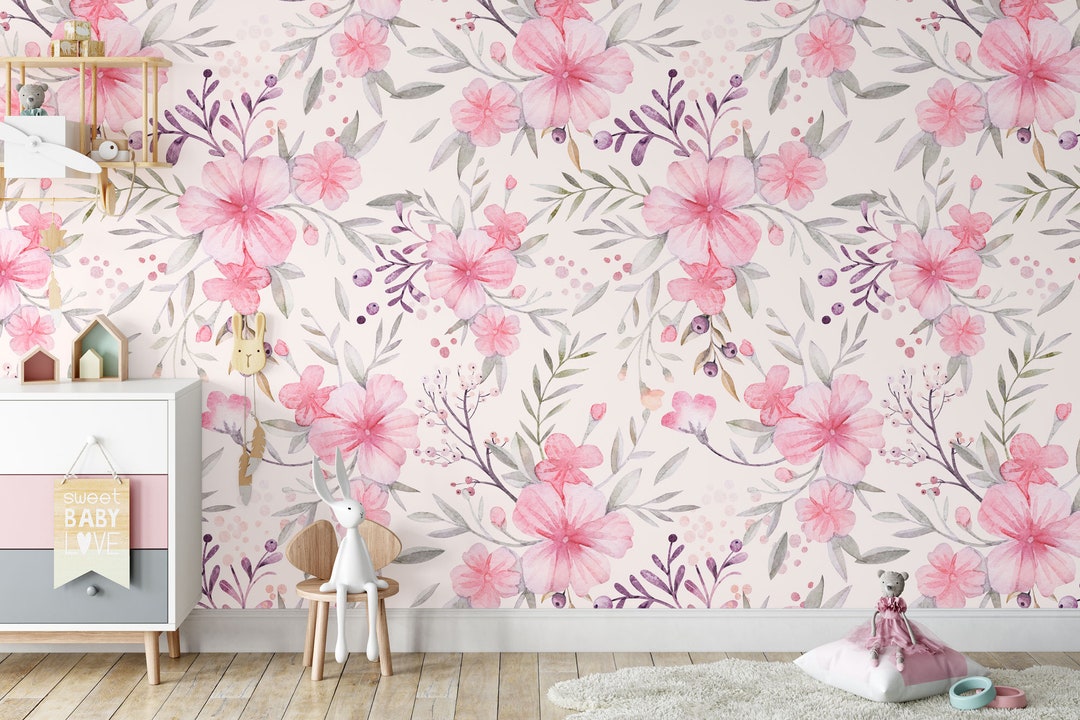 Linnea Wall Mural, Flowers in Pink and Blush Wallpaper, Floral ...