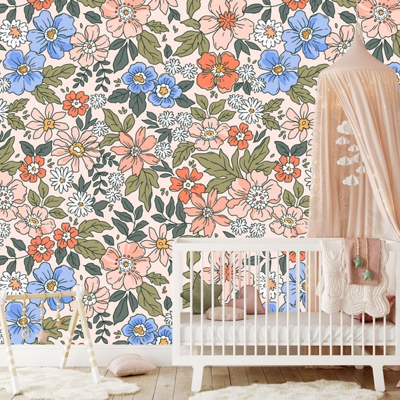 Laila Wall Mural Wild Flowers Wallpaper Daisies Wallpaper | Etsy