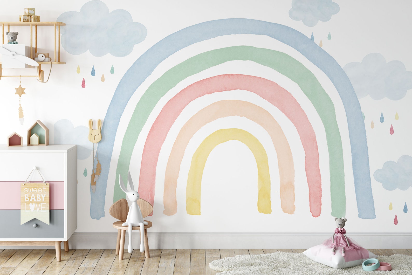 Watercolor Rainbow Wall Mural, Colorful Rainbow and Raindrops Wall ...
