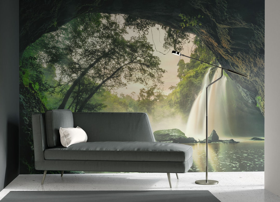 Relaxed Waterfall Scene Wall Mural, Tropical Forest Wallpaper, Forest ...