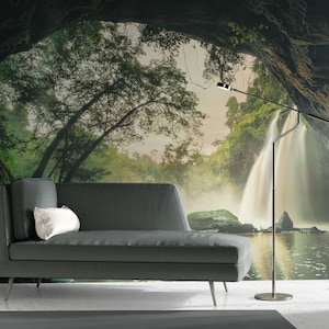 Relaxed Waterfall Scene Wall Mural, Tropical Forest Wallpaper, Forest ...